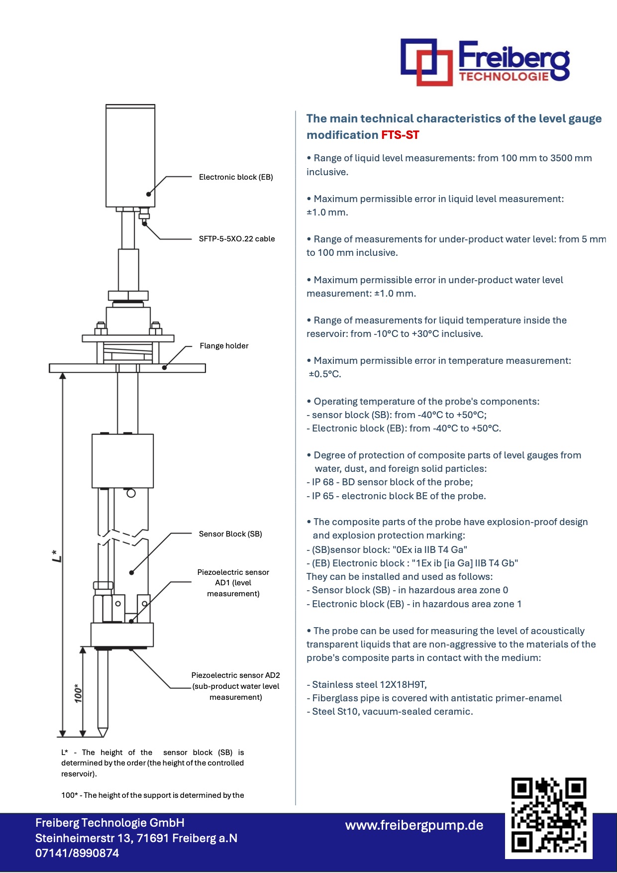 SONAR-410 FTS ST Ultrasonic level sensor - Freiberger Technologie